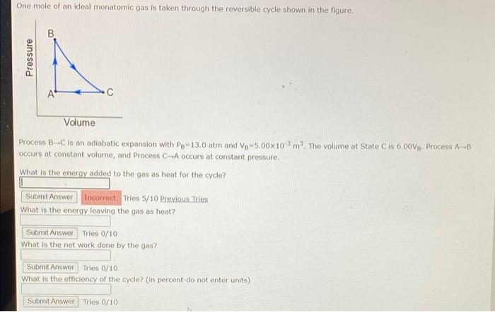 Solved One mole of an ideal monatomic gas is taken through | Chegg.com