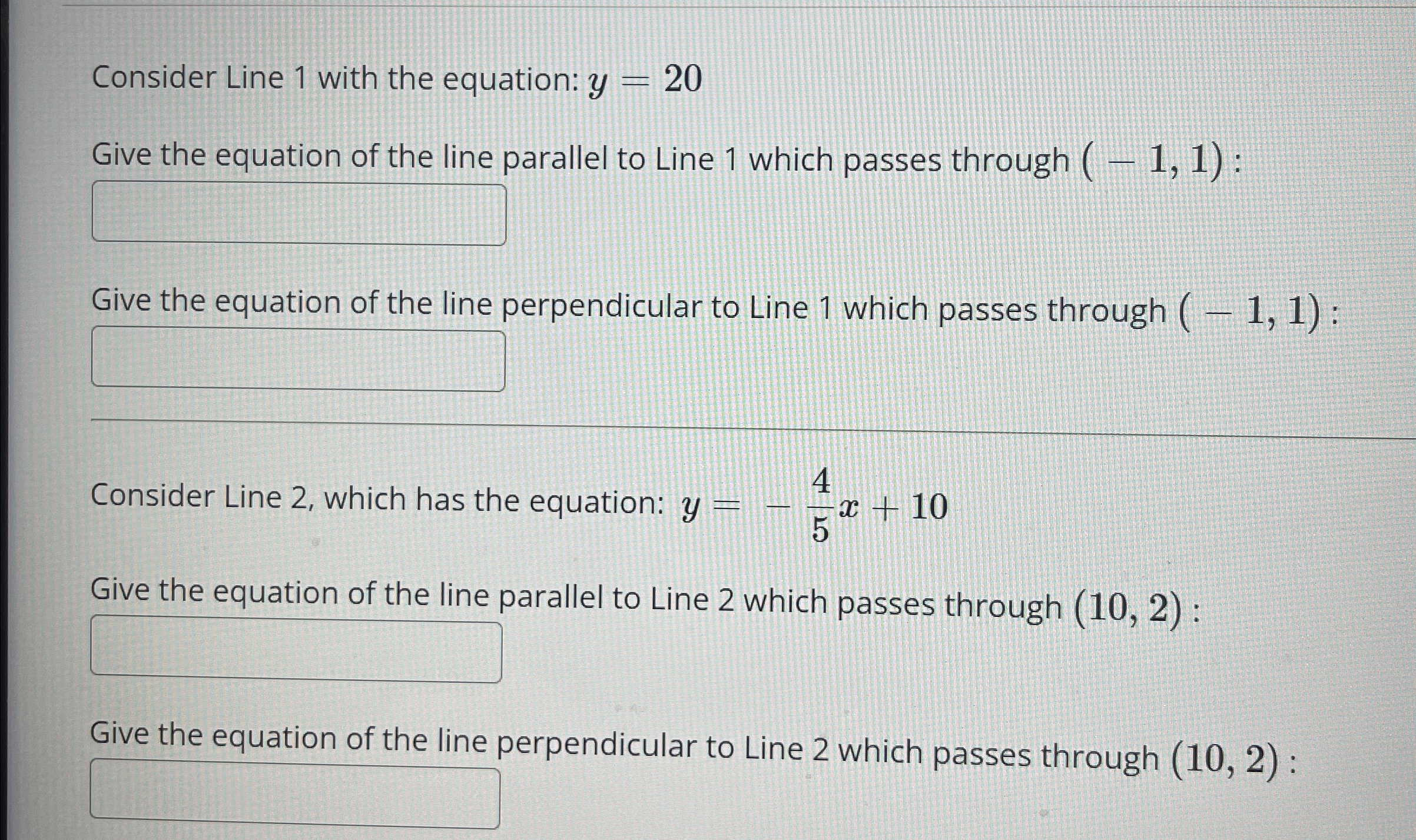 Solved Consider Line 1 ﻿with the equation: y=20Give the | Chegg.com