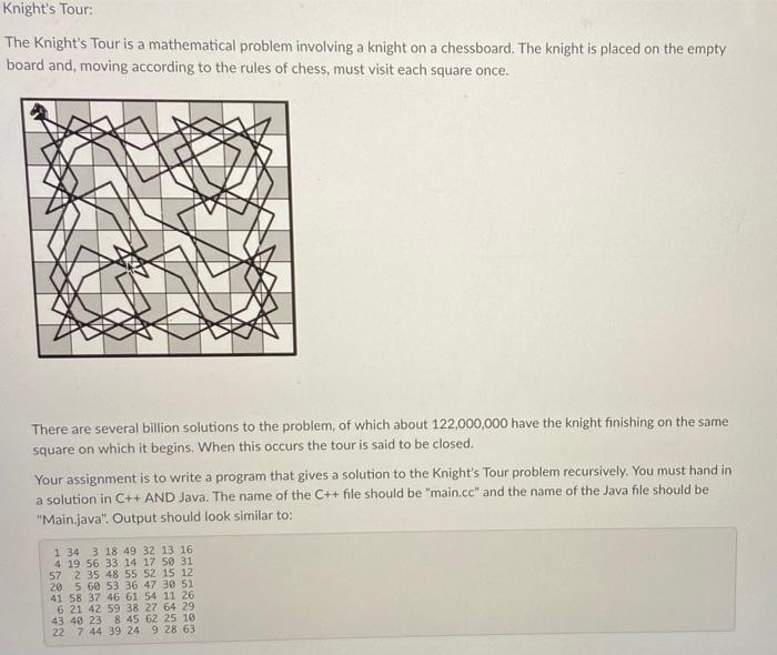 Solved Knight's Tour: The Knight's Tour is a mathematical | Chegg.com