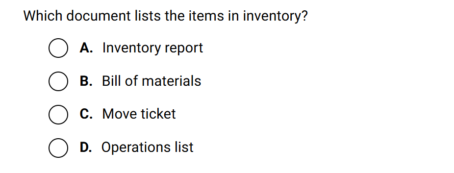 Solved Which document lists the items in inventory?A. | Chegg.com