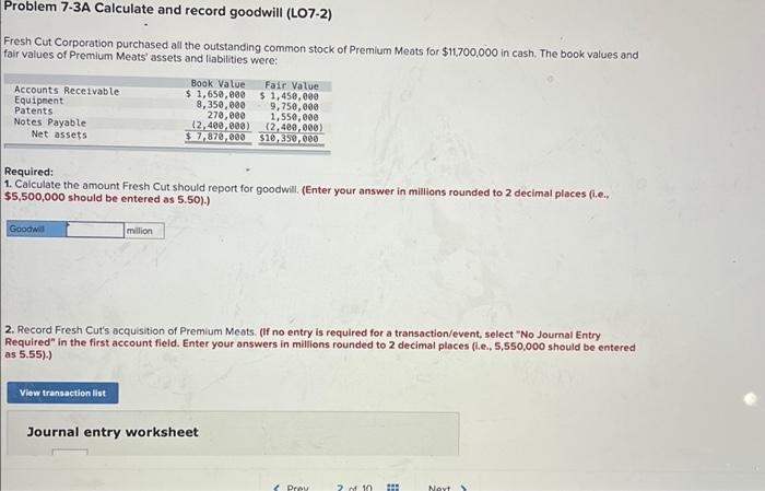 Solved Problem 7-3A Calculate and record goodwill (L07-2) | Chegg.com