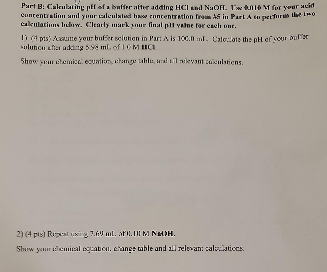 Part B: Calculating pH of a buffer after adding HCl | Chegg.com