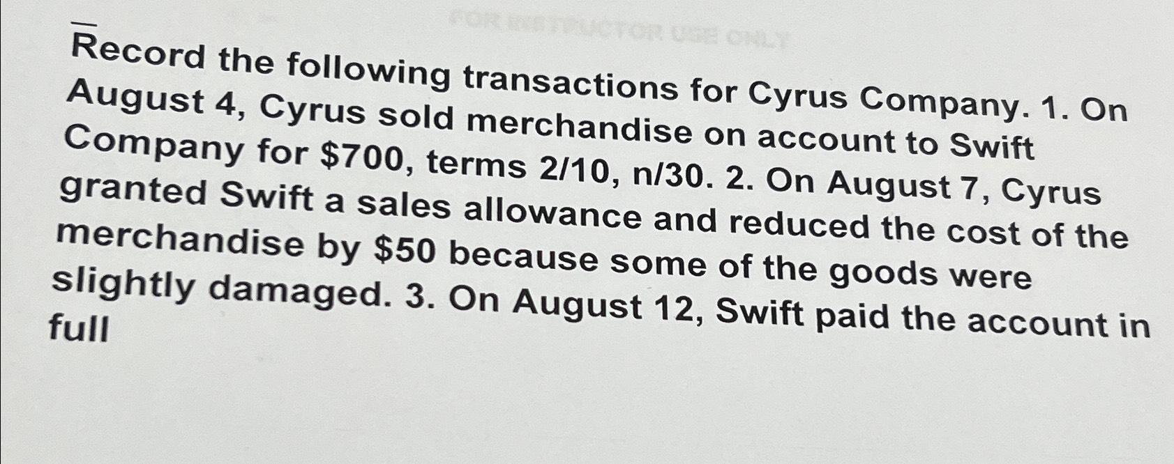 Solved Record the following transactions for Cyrus Company. | Chegg.com