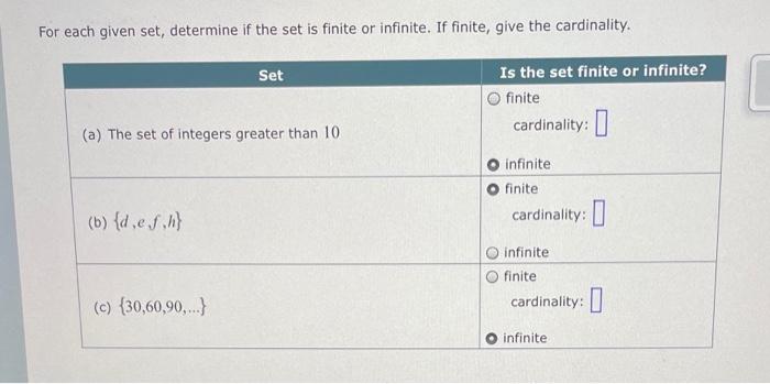 Solved For each given set, determine if the set is finite or | Chegg.com