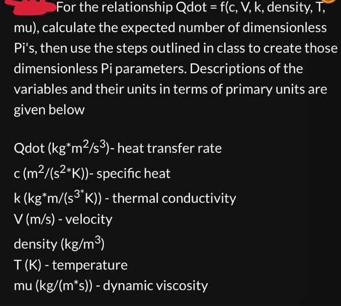 Solved For the relationship Qdot =f(c,V,k, density, T, mu), | Chegg.com