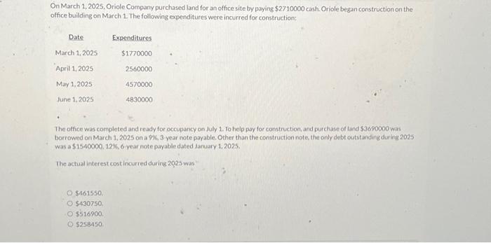 Solved On March 1, 2025, Oriole Company purchased land for | Chegg.com