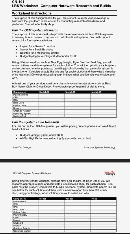 CN-101 LRS Worksheet: Computer Hardware Research and | Chegg.com