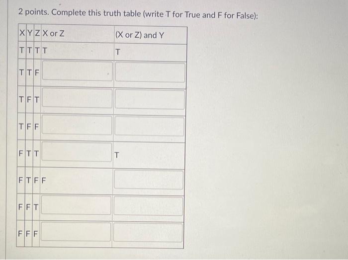 Solved 2 Points Complete This Truth Table Write T For True 9152