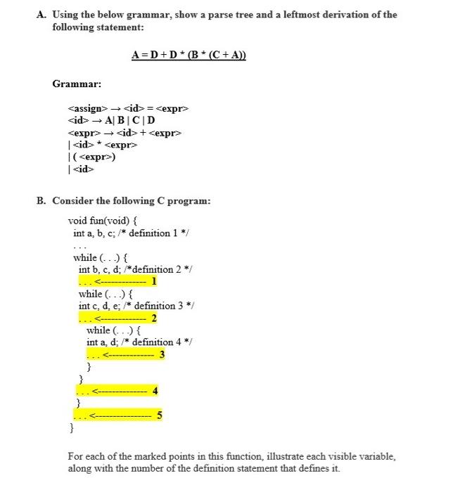 Solved A. Using the below grammar, show a parse tree and a | Chegg.com