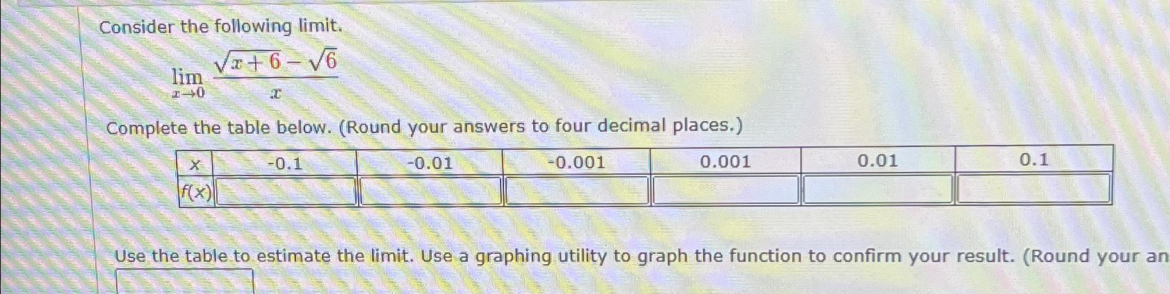 Solved Consider the following limit:limx→0x+62-62xComplete | Chegg.com