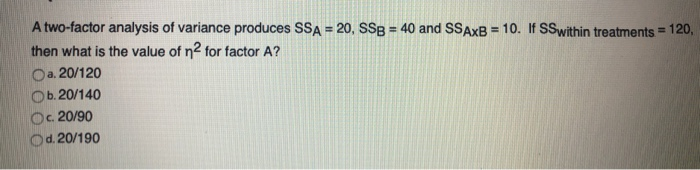 Solved A two-factor analysis of variance produces SSA = 20, | Chegg.com