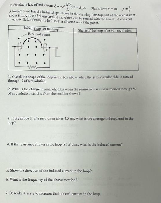 Solved E. Faraday's law of induction: ξ=−NΔtΔΦ;Φ=B1A. Ohm's | Chegg.com