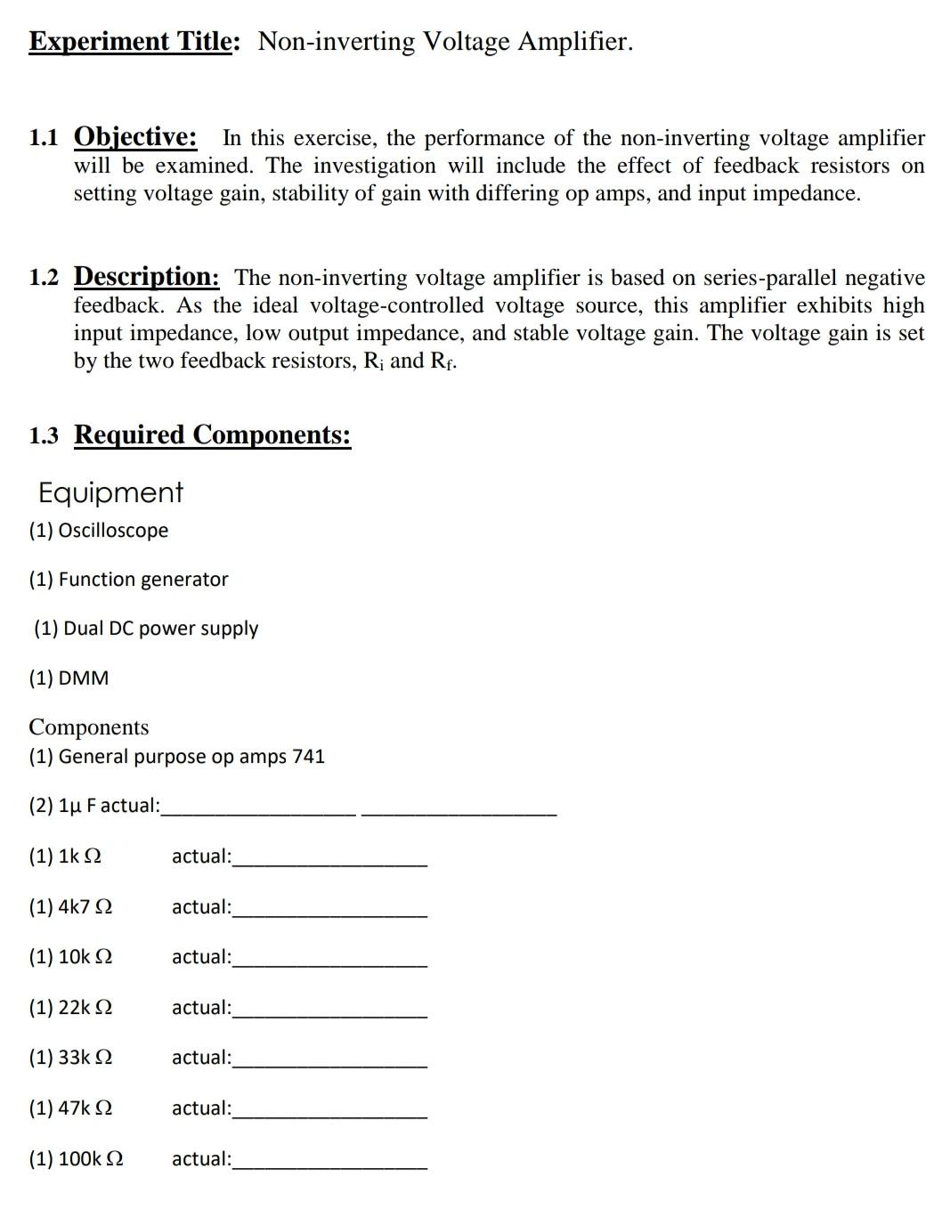 Solved Experiment Title: Non-inverting Voltage Amplifier. | Chegg.com