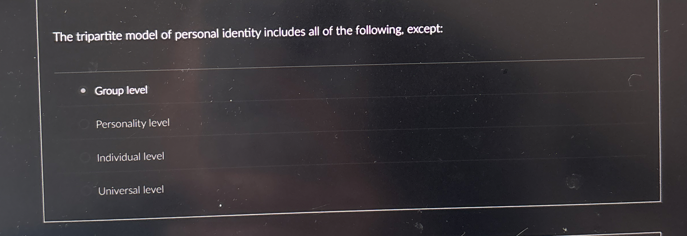 Solved The tripartite model of personal identity includes | Chegg.com