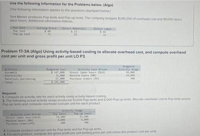 Solved Use the following information for the Problems below. | Chegg.com
