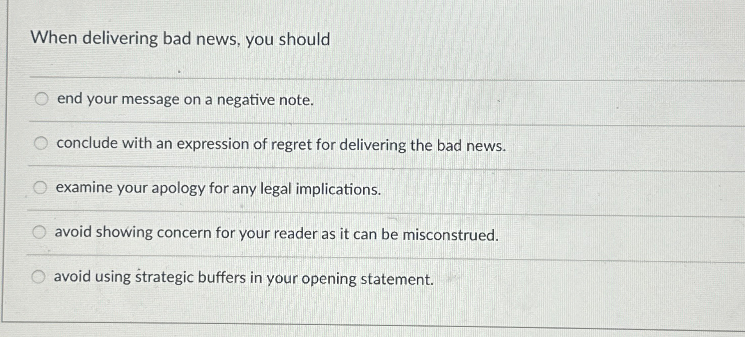 Solved When delivering bad news, you shouldend your message | Chegg.com