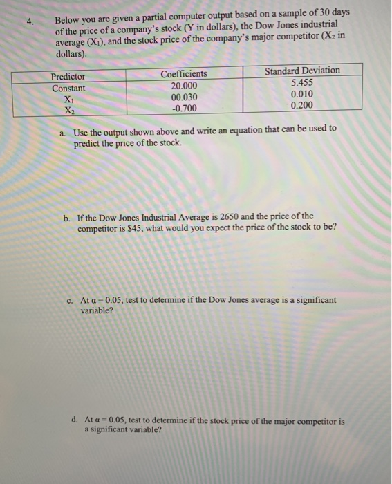 Solved 4. Below you are given a partial computer output | Chegg.com