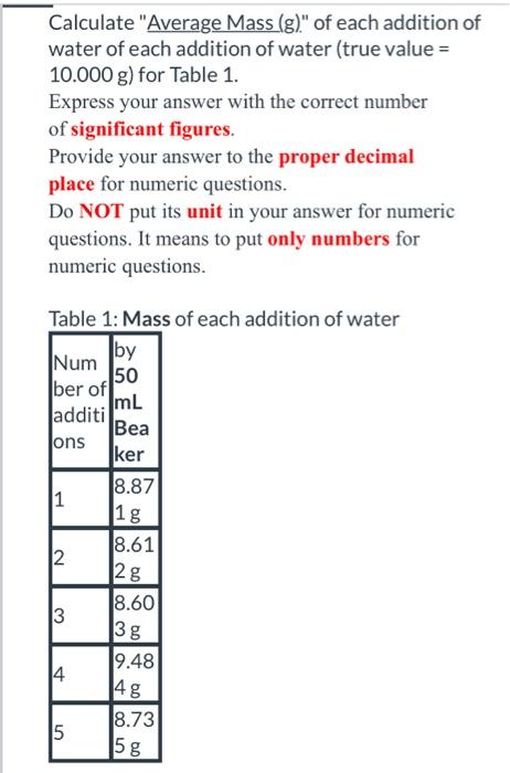 Solved Calculate "Average Mass (g)." of each addition of | Chegg.com