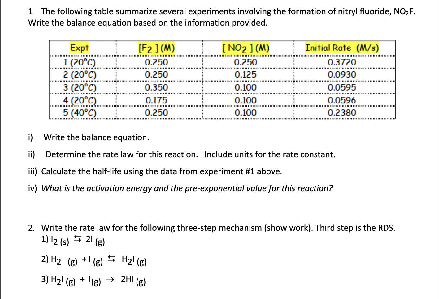 Solved 1 ﻿The following table summarizes several experiments | Chegg.com