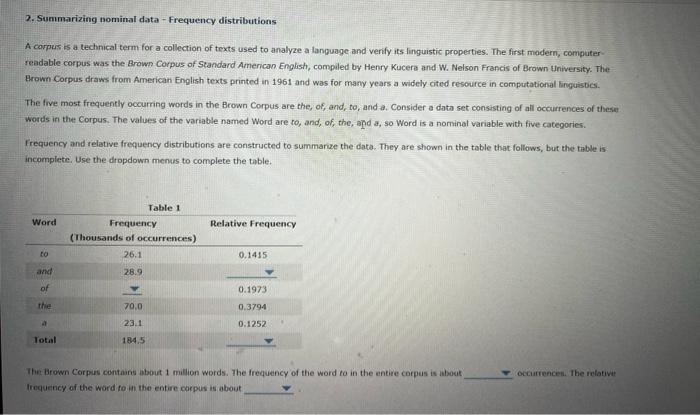 Solved 2. Summarizing nominal data - Frequency distributions | Chegg.com