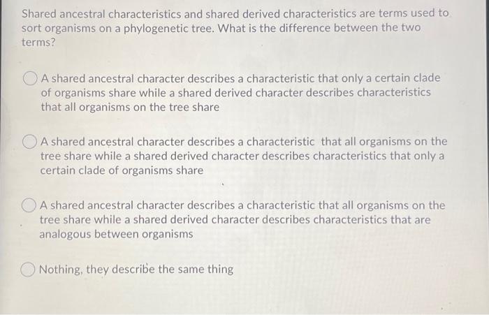Solved Shared ancestral characteristics and shared derived | Chegg.com