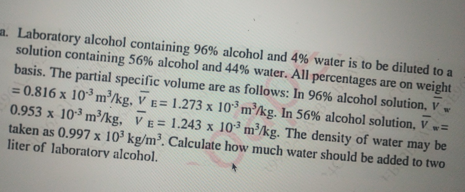 Solved Laboratory alcohol containing 96% ﻿alcohol and 4% | Chegg.com