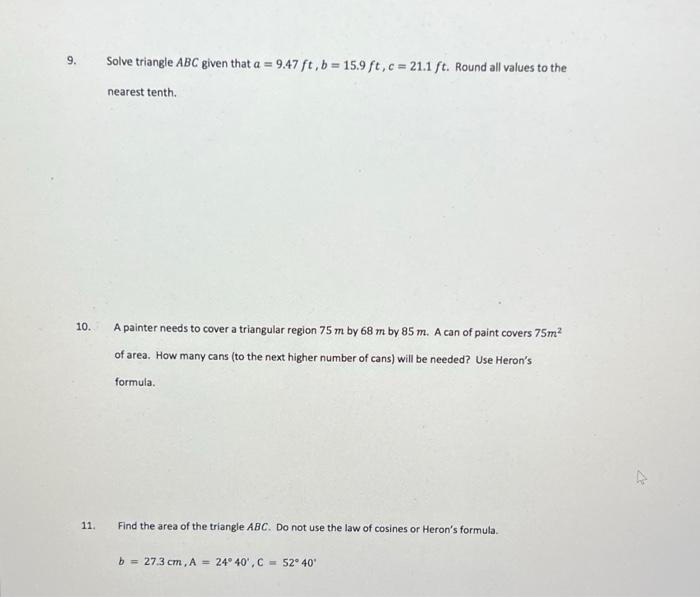 Solved 9. Solve triangle ABC given that a = 9.47 ft, b = | Chegg.com