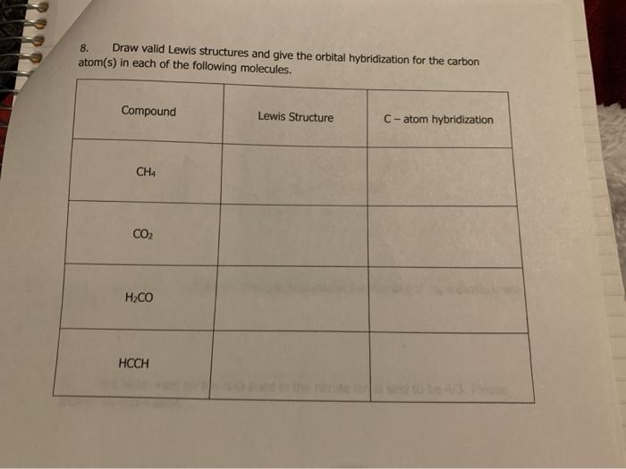 Solved 8. Draw valid Lewis structures and give the orbital | Chegg.com