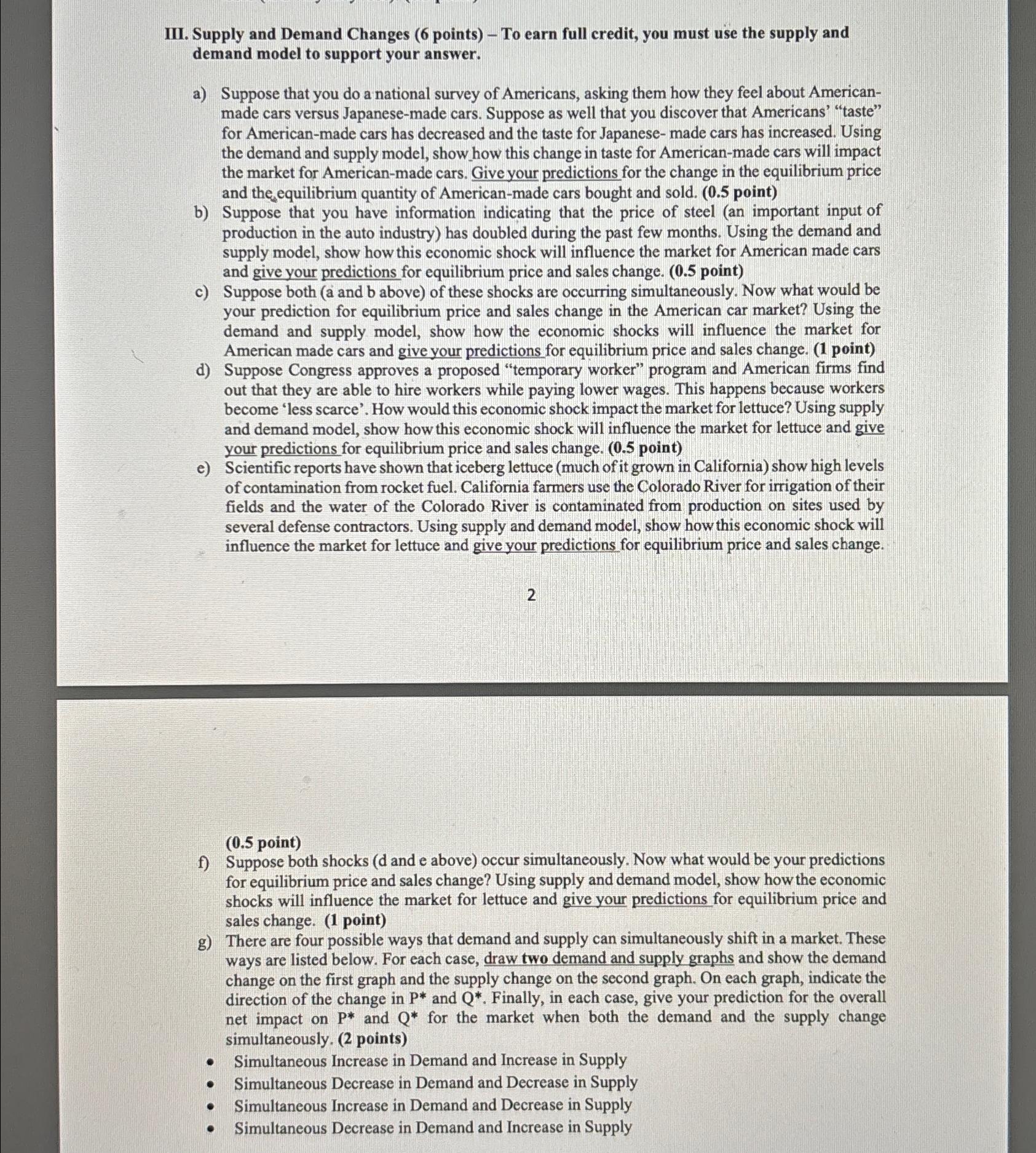 Solved III. Supply and Demand Changes ( 6 ﻿points) - ﻿To | Chegg.com