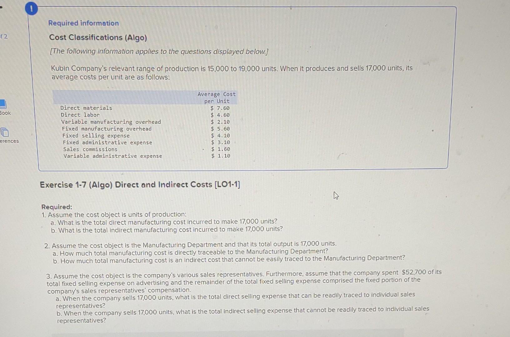 Solved Required information Cost Classifications (Algo) [The | Chegg.com
