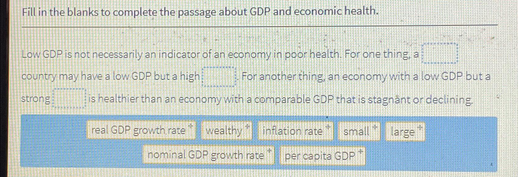 Solved Fill in the blanks to complete the passage about GDP | Chegg.com