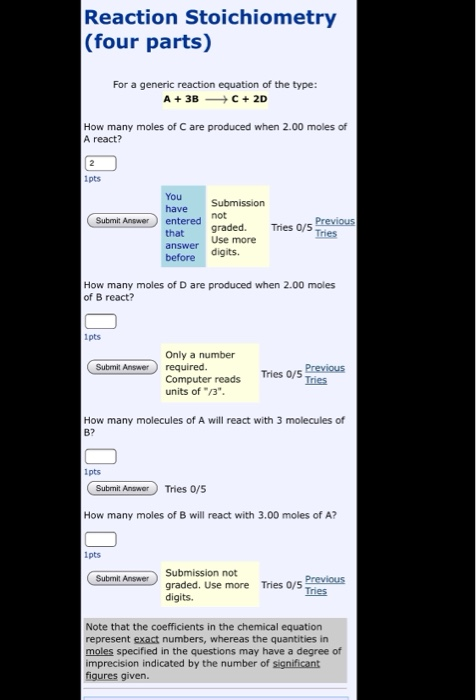 Solved Reaction Stoichiometry (four parts) For a generic | Chegg.com