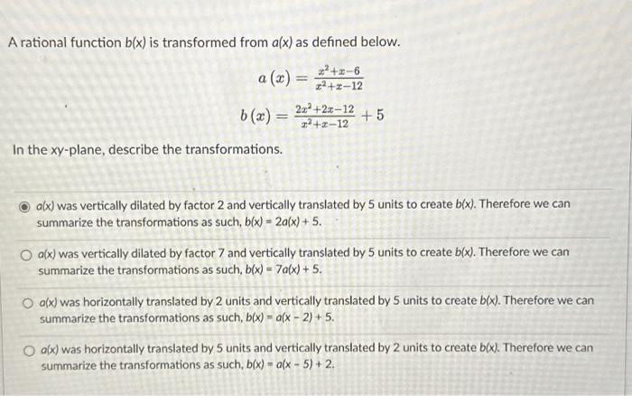 Solved A rational function b(x) is transformed from a(x) as | Chegg.com