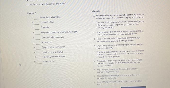 Solved Match the terms with the carrect explanation. Column | Chegg.com