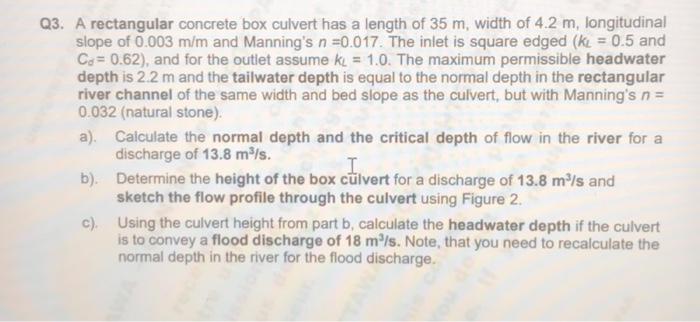 Solved Q3. A rectangular concrete box culvert has a length | Chegg.com