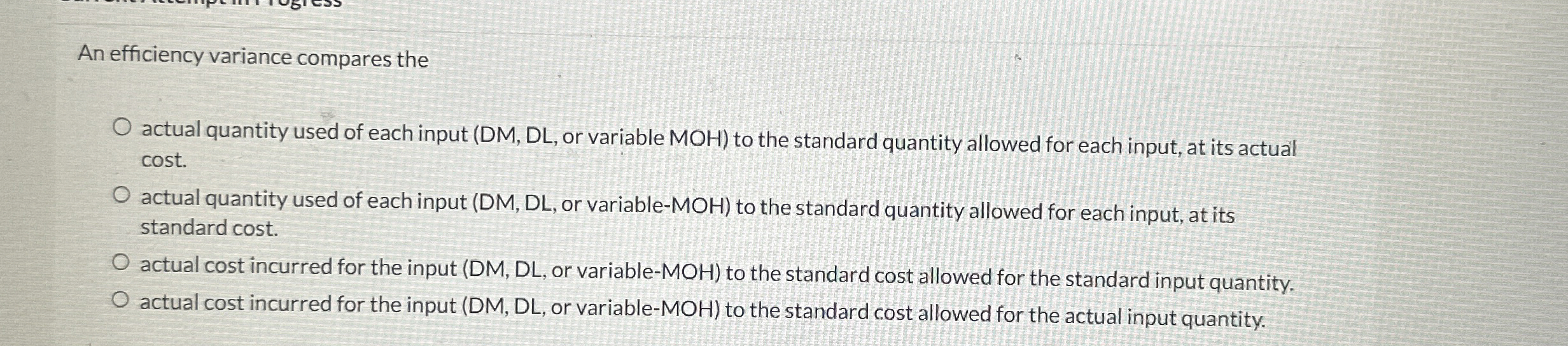Solved An efficiency variance compares theactual quantity | Chegg.com
