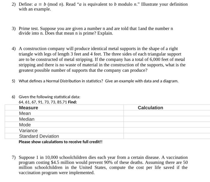 Solved 2) Define: a = b (mod n). Read “a is equivalent to b | Chegg.com