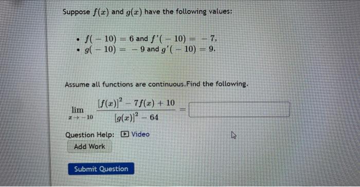 Solved Suppose f(x) and g(x) have the following values: - | Chegg.com
