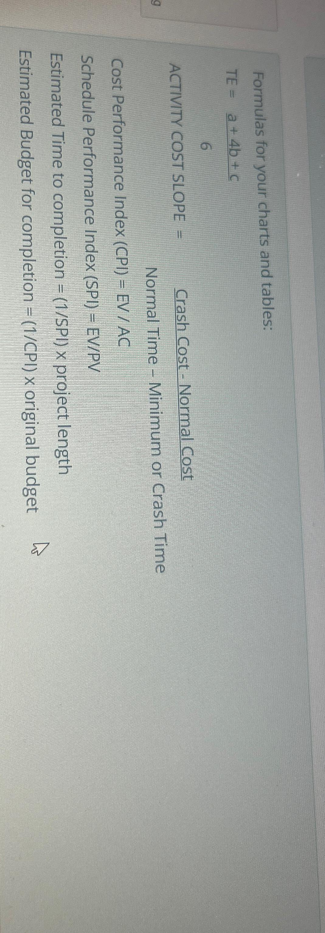 Solved Formulas for your charts and | Chegg.com