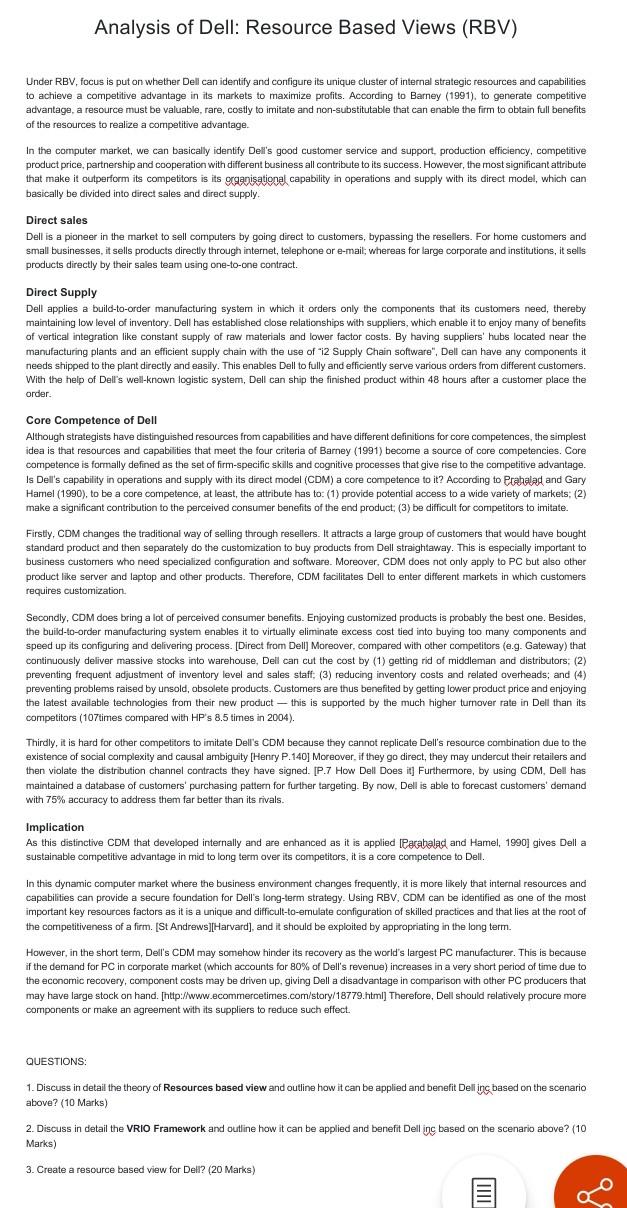 Solved Analysis of Dell: Resource Based Views (RBV) Under | Chegg.com