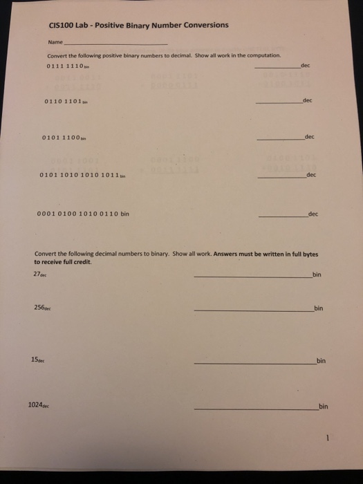 Solved CIS100 Lab - Positive Binary Number Conversions Name | Chegg.com