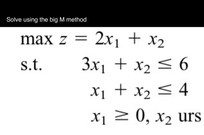 Solved Solve using the big M method max z = 2x1 + x2 s.t. | Chegg.com