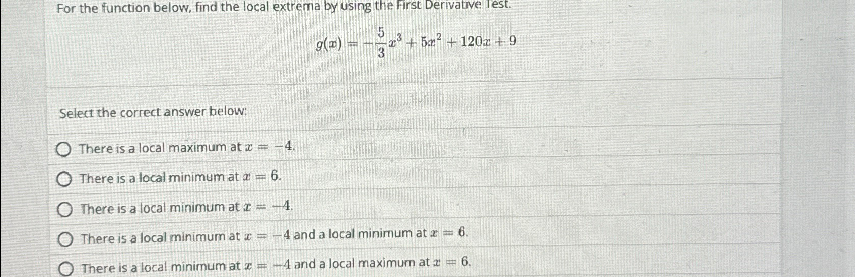 Solved For the function below, find the local extrema by | Chegg.com