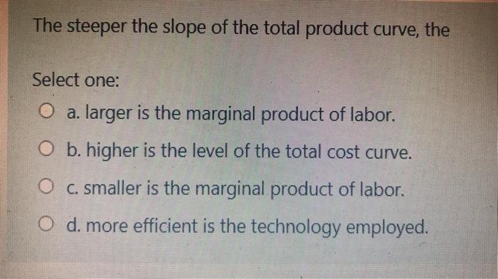 Solved The steeper the slope of the total product curve, the | Chegg.com