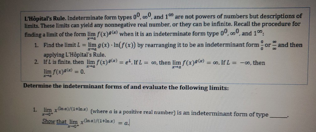 Solved L'Hôpital's Rule. Indeterminate form types O'co', and | Chegg.com