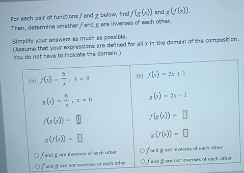 Solved For each pair of functions f ﻿and g ﻿below, find | Chegg.com