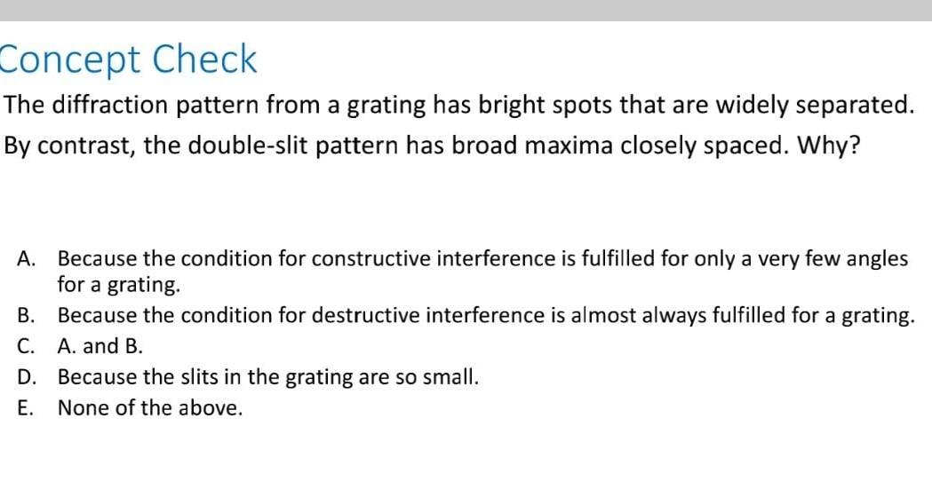 Solved Concept Check The diffraction pattern from a grating | Chegg.com