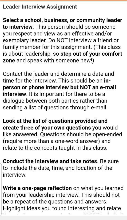 Leader Interview Assignment Select a school, | Chegg.com