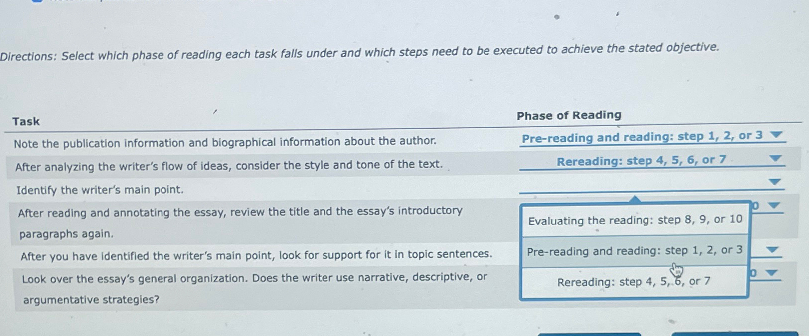 Solved Directions: Select which phase of reading each task | Chegg.com