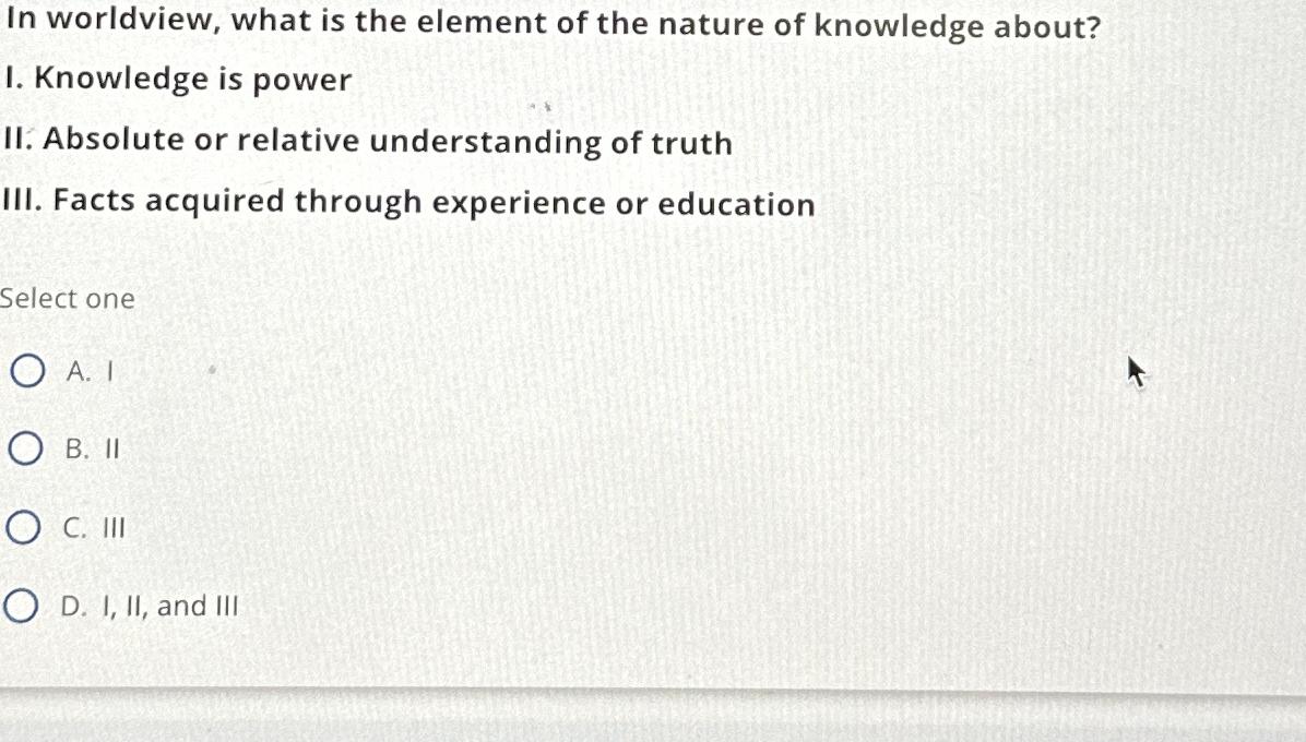 Solved In worldview, what is the element of the nature of | Chegg.com